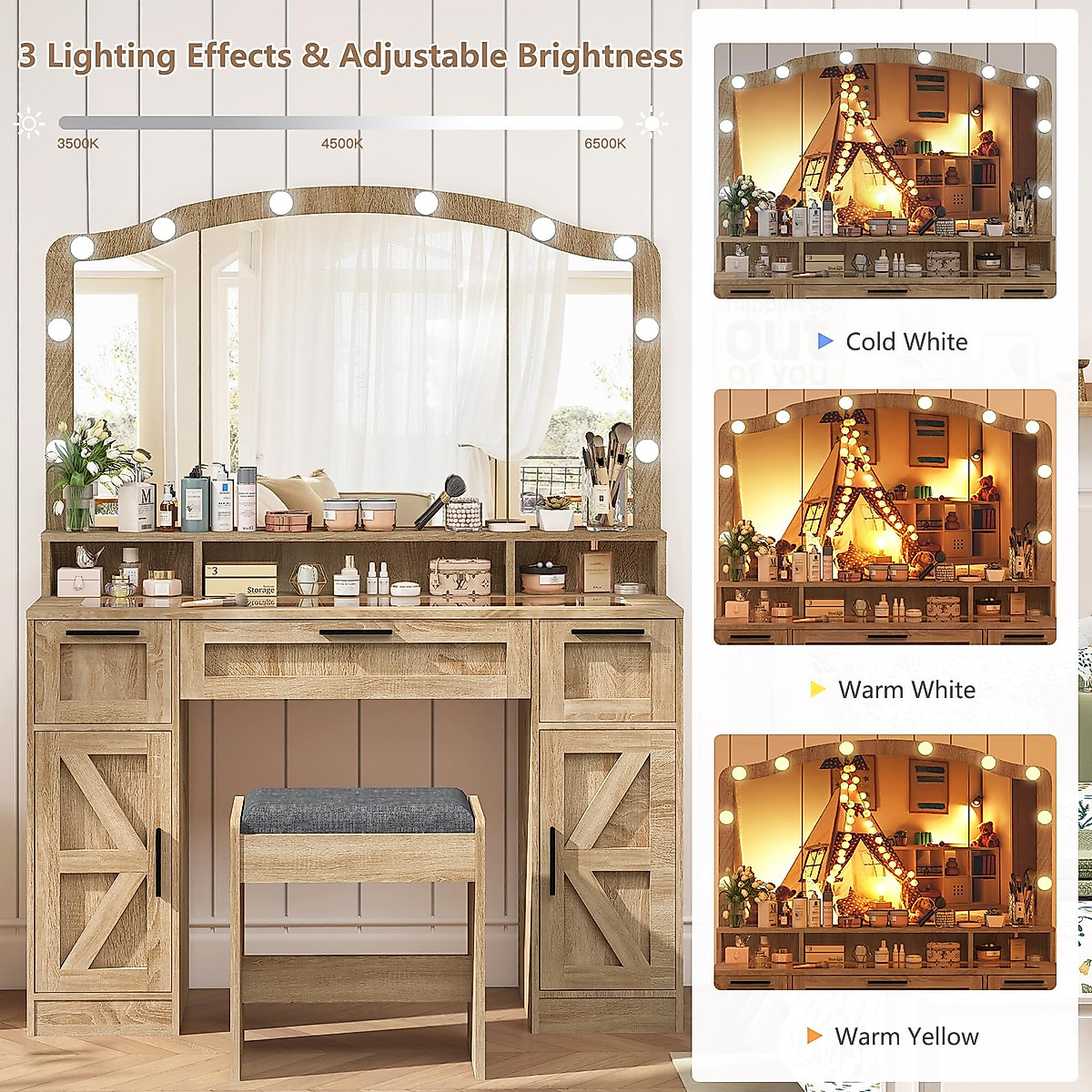 usikey Farmhouse Vanity Desk with Large Lighted Mirror and 10 Lights, 43.3" Glass Tabletop Makeup Vanity with 3 Drawers, Large Vanity Tabel Set with Long Storage Shelf, 2 Cabinets and Stool, Maple