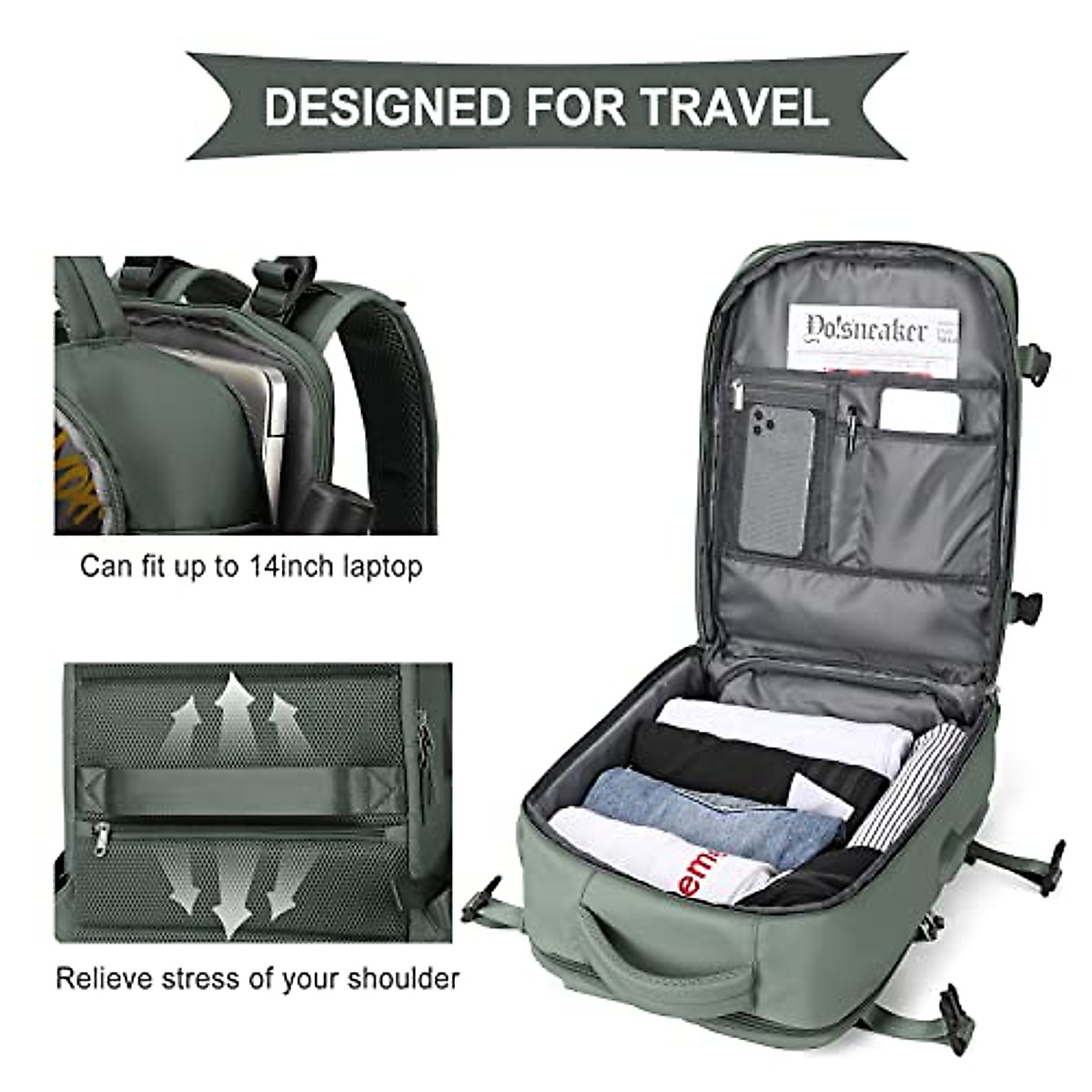 Large Travel Backpack Women, Carry On Backpack,Hiking Backpack Waterproof Outdoor Sports Rucksack Casual Daypack School Bag Fit 14 Inch Laptop with USB Charging Port Shoes Compartment, Green
