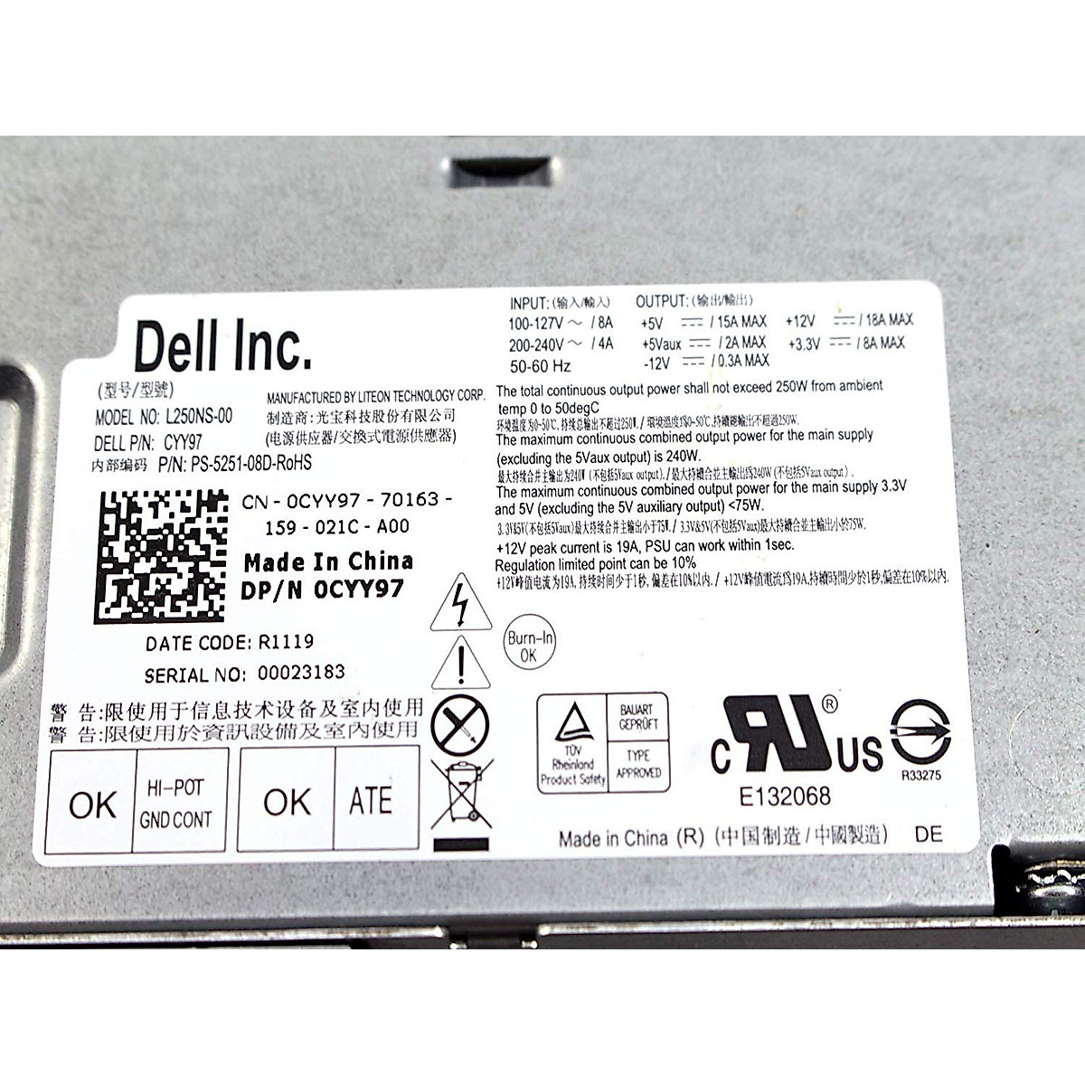 Dell 250 Watt Power Supply Inspiron 530s 620s Vostro 220s Slim Part: 3WFNF
