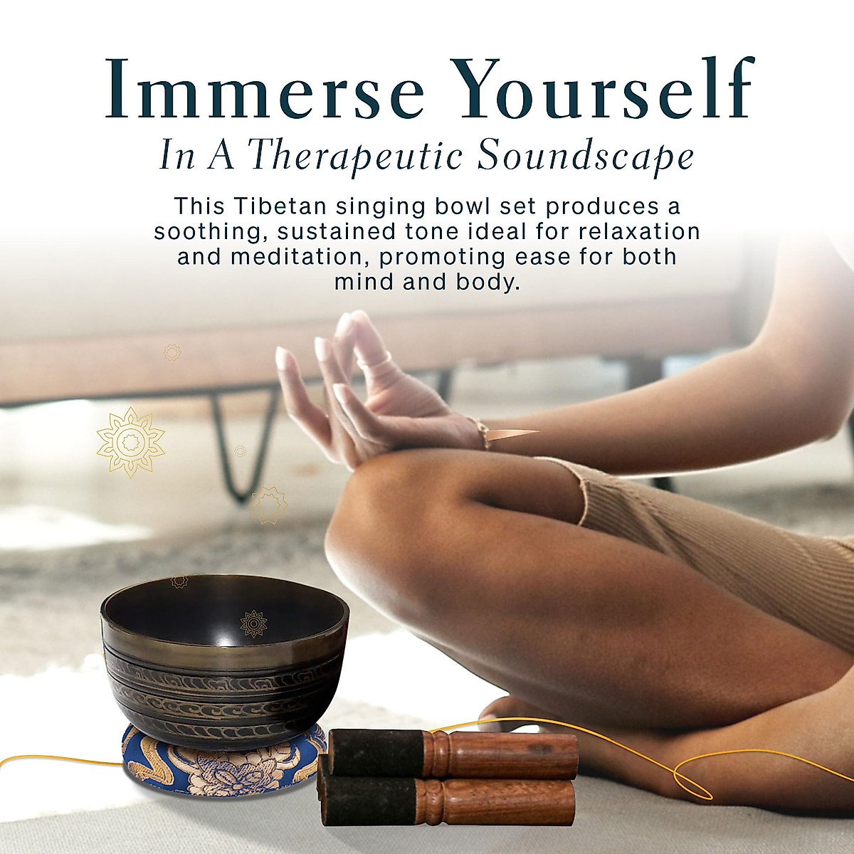 Sanskar Nepal - Tibetan Singing Bowl Set of 7, Handcrafted Singing Bowl for Meditation & Holistic Healing, Yoga Accessories, 3-5” Gold Singing Bowls with Wooden Striker, Cushion & Purple Carry Box