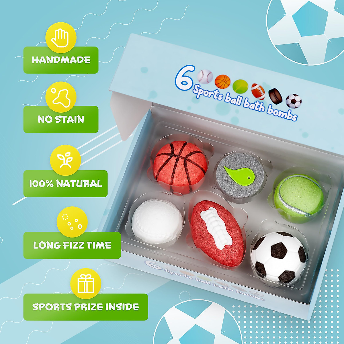 6pc Sporty Kids Bath Bombs with Surprise Inside - Girls & Boys Bath Toys w/ 6 Sports Prizes - Perfect for Birthdays, Holidays -Toddlers 3+