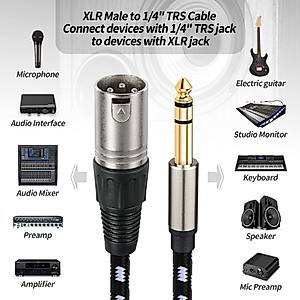 Sound harbor Xlr to 1/4 Cable 6.5 ft,TRS 6.35mm to xlr Male Jack - Nylon Braided Balanced Patch Cable