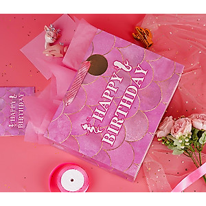 Jaywayang 12.6" Large Pink Mermaid Happy Birthday Gift Bag with Card, Tissue Paper and Tag for Kids Girls Birthday Party.