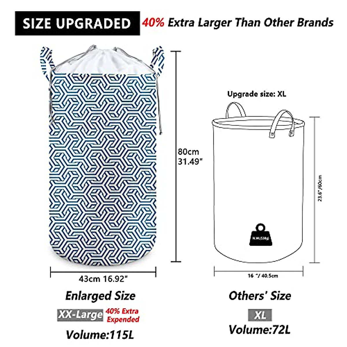 Beegreen XX-Large Drawstring Laundry Hamper Geometric 115L Laundry Bag, Collapsible Laundry Baskets with Handles, Dirty Clothes Hamper for Bedroom Bathroom Dorm,Foldable Tall Clothes Hamper