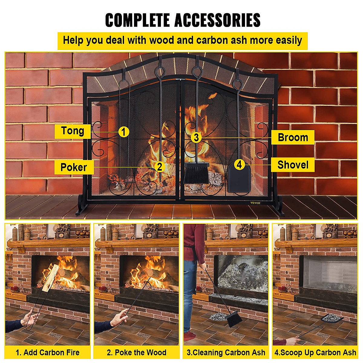 VEVOR Fireplace Screen, 39 x 26.6 Inch, Double Door Iron Freestanding Spark Guard with Support, Metal Mesh Craft, Broom Tong Shovel Poker Included for Fireplace Decoration & Protection, Black