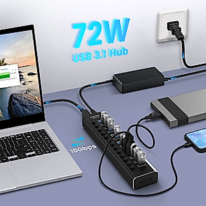 Powered USB Hub Rosonway Aluminum 13 Port USB 3.1/3.2 Gen 2 Hub 10Gbps with 72W (12V/6A) Power Adapter and Individual Switches, Type A and Type C Cables, USB C Hub Expander for PC and Laptop, RSH-A13