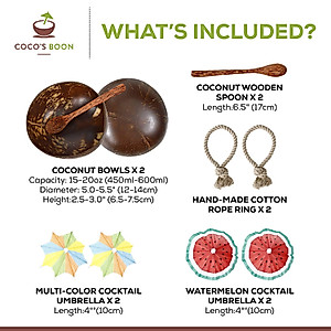 Coco's Boon Upgraded LeakProof Coconut Bowl Set. Big Coconut Bowls with Spoons, Stabilizers, Umbrellas. Natural Coconut Bowls for Acai Bowl, Coconut Cups Hawaiian Party Shells, Wooden Smoothie Bowls