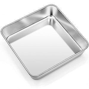 TeamFar 8 Inch Square Baking Pan, Square Cake Brownie Pan Stainless Steel for Wedding Christmas Party, Healthy & Non Toxic, Sturdy & Brushed Surface, Dishwasher Safe
