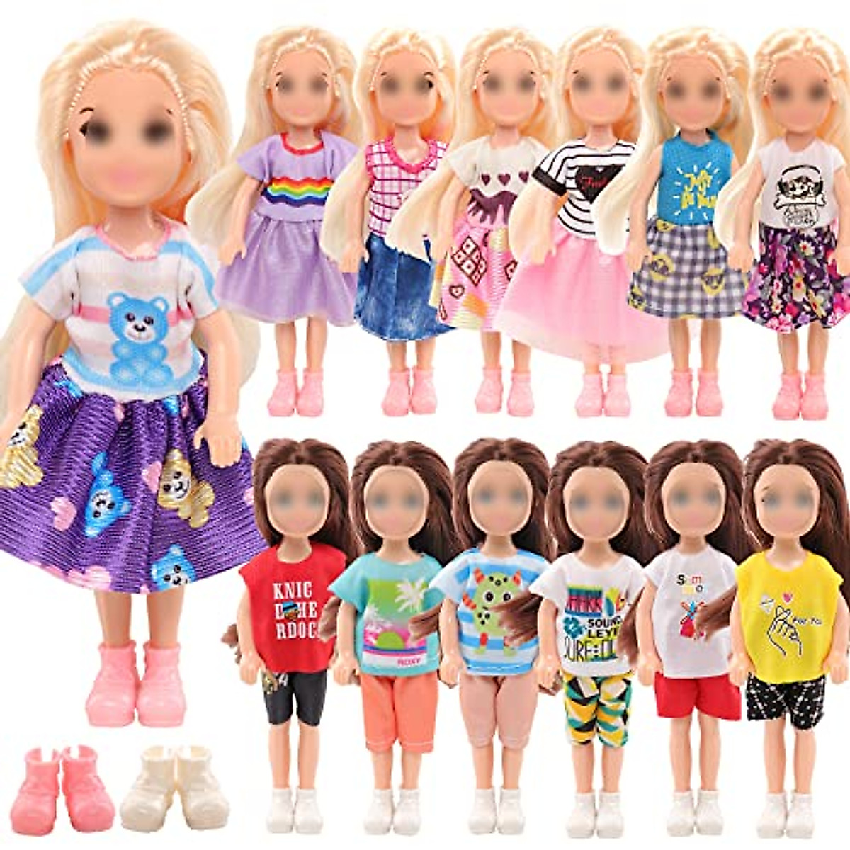 Joyfun 7 Pcs 6 Inch Girl Doll Clothes 3 Pieces Dress, 2 Pieces Outfits and 2 pcs Shoes for 11.5 Inch Girl's Sister 6" Doll