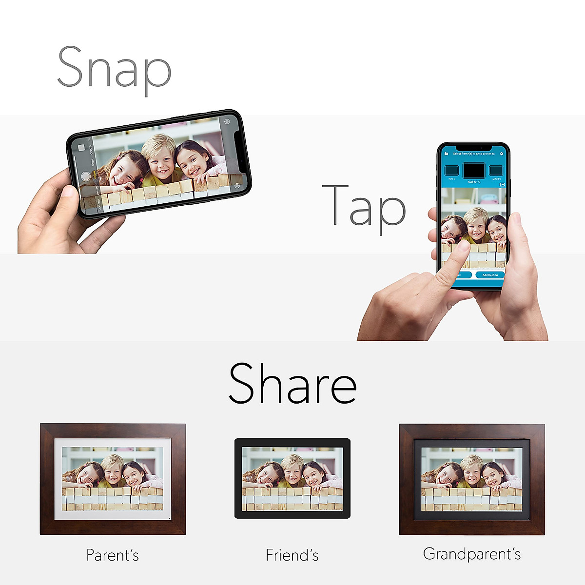 Simply Smart Home Photoshare 8” WiFi Digital Picture Frame, Send Pics from Phone to Frames, 8 GB, Holds 5,000+ Photos, HD Touchscreen, Espresso Wood Frame, Easy Setup, No Fees