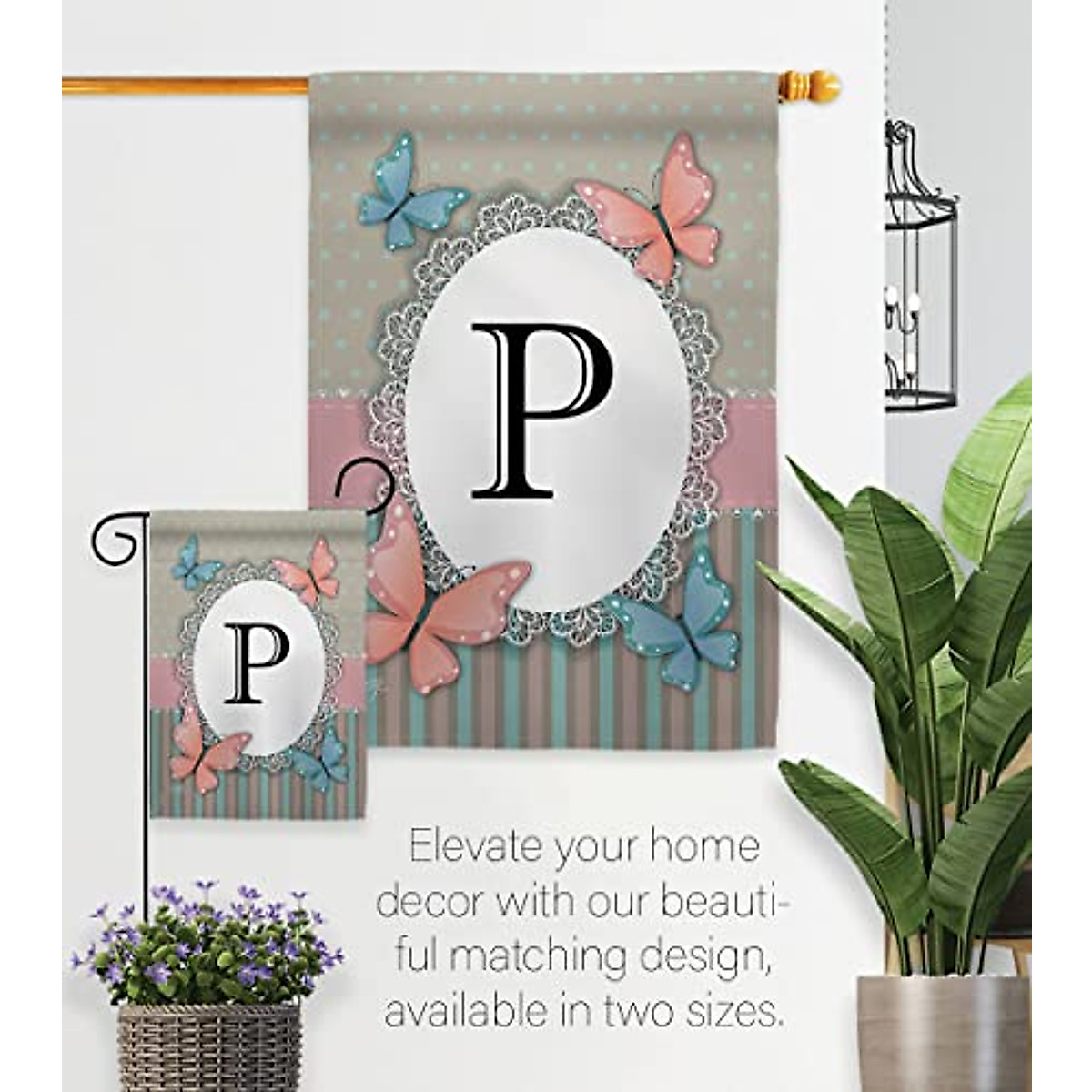Breeze Decor P Initial Garden Flag Set Wall Hanger Monogram Friends Bugs & Frogs Butterfly Ladybugs Dragonfly Bee Springtime Insect Natural Wildlife House Yard Gift Double-Sided, Made in USA