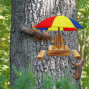 Squirrel Feeder, Squirrel Picnic Table Feeder for Outside with Umbrella Benches Carbonized Wood Bird Chipmunk Feeder Picnic Solid Structure Hanging Corn Cob Holder Snacks Peanuts Pet Gifts