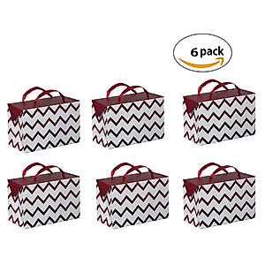 Maroon Chevron Paper Gift Bag Box (6 Pack) Foldable Party Favors Foil Stamped Treat Bags with Ribbon Handles for Baby Shower, Holiday and Birthday Parties 7"X 3.5"x 4.75”