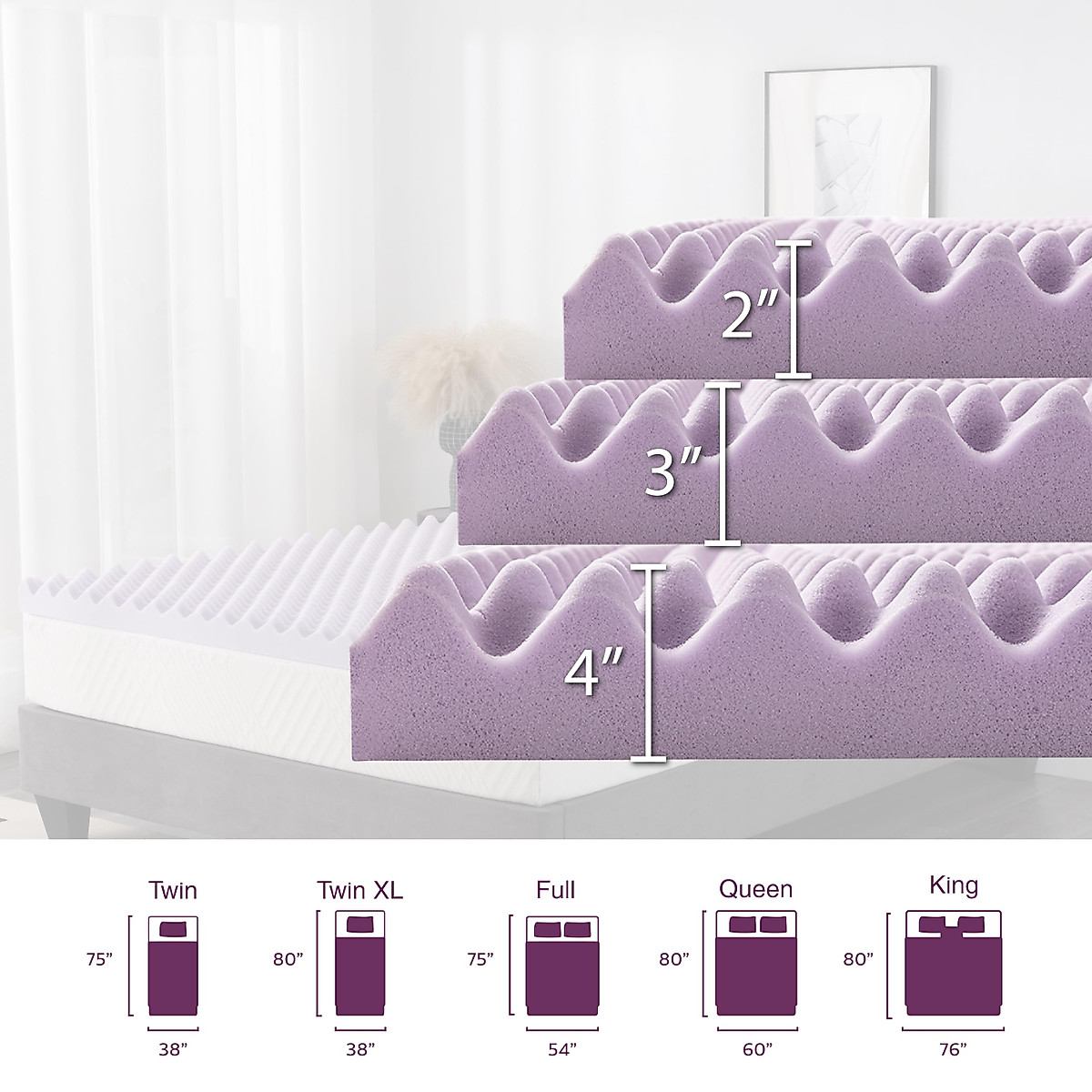 3 Inch Egg Crate Twin Memory Foam Mattress Topper, Cooling Gel Infused Foam Mattress Topper for Pressure Relief, CertiPUR-US Certified Twin Bed Topper, Purple, 38"×75"