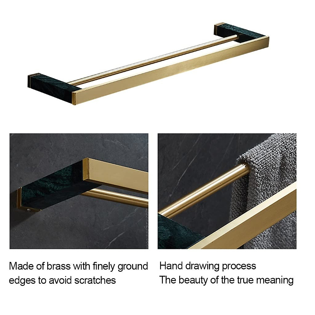 Bath Towel Bar Brass Brushed Gold Towel Rail Bar, Bathroom Towel Rack, Double-bar Nordic Bathroom Marble Towel Holder Towel Holder