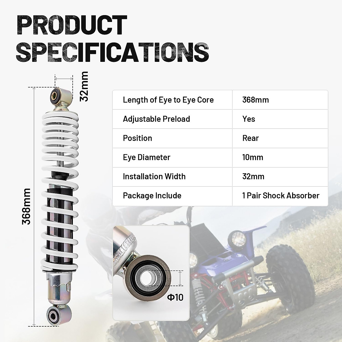 OUMURS Adjustable Front Shock Absorber Compatible with Yamaha Banshee 350 YFZ350 1987-2006 Replace 3GG-23350-10-P0 3GG-23350-20-35 3GG-23350-20-6W White Spring ATV 368mm