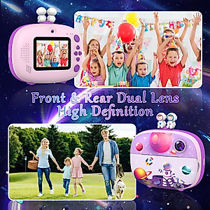 USHINING Kids Camera Instant Print, Selfie Digital Camera for Boys Girls Aged 3-12,1080P Kids Video Camera with 2.4" Screen, 32GB SD Card,Color Pens,Print Papers and Lanyard (Purple)