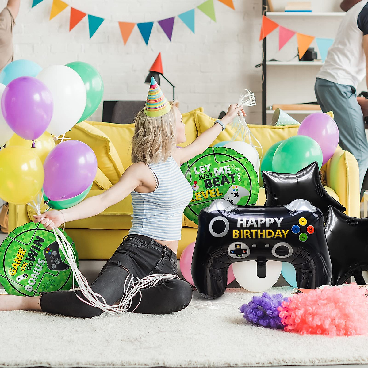 5 Pcs Video Game Party Decoration, Level Up Birthday Balloons，Video Game Foil Balloon for Game On Birthday Party Supplies