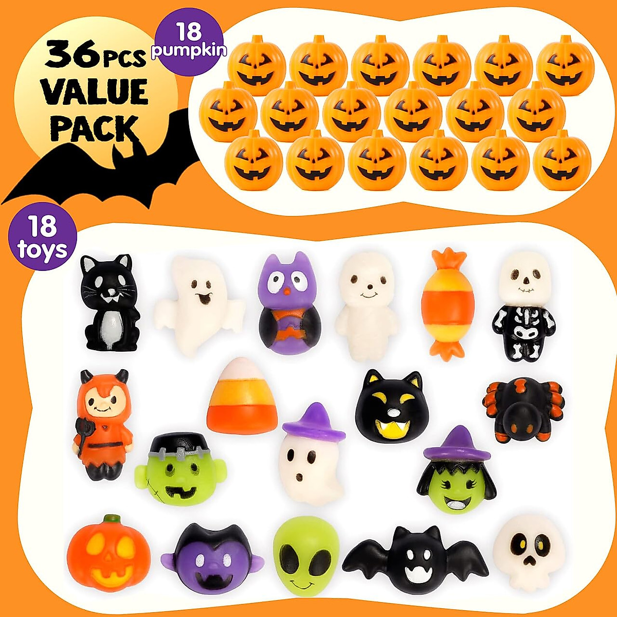 JOYIN 18PCS Halloween Mochi squishy toys with Mini Pumpkin Boxes for Kids Girls Boys, Prefilled Pumpkin Cases with Toys Inside, Halloween Party Favors Supplies Gifts, Trick or Treating Bags Fillers