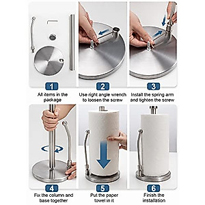 SMARTAKE Paper Towel Holder for One Hand Tear, Paper Towel Dispenser Standing Weighted Base Non Slip, Spring Arm Fit Most Size Paper Roll, Stainless Steel Paper Towel for Kitchen Countertop Silver