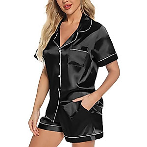 Samring Womens Silk Satin Pajamas Short Sleeve Loungewear Two-Piece Sleepwear Button-Down Pj Set Black L