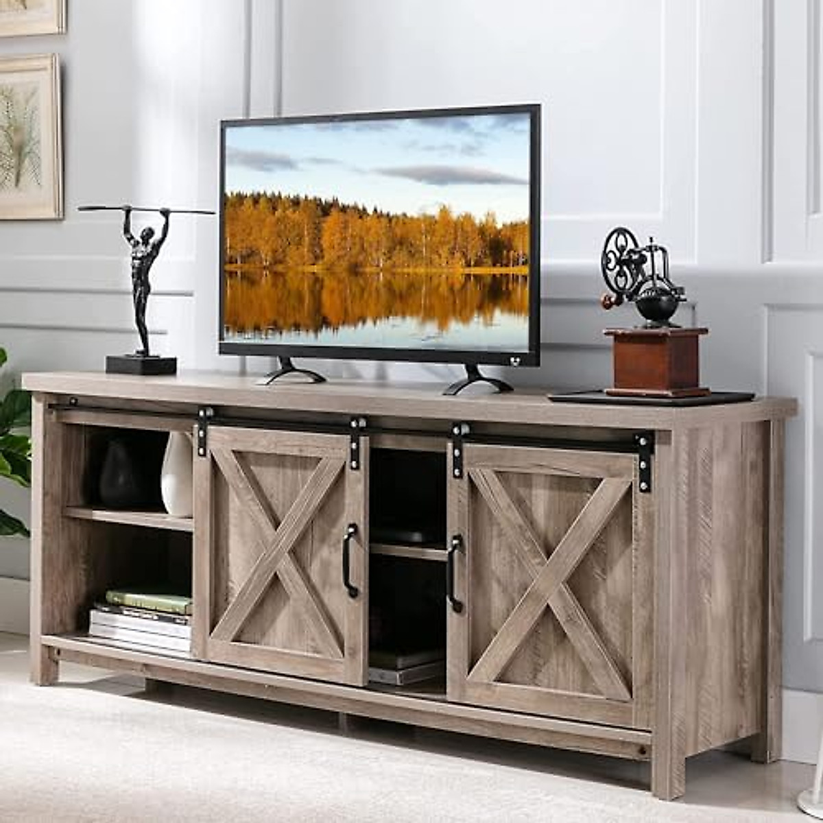 Vinctik 6&Fox 58In Farmhouse Entertainment Center,Rustic TV Stand for up to 65 inch TV,Farmhouse TV Stand with Wood Sliding Barn Door ,Adjustable Storage Shelf,Media TV Table