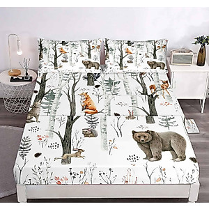 LUVIVIHOME 4PCS Woodland Animals Sheets Set, Queen Bed Sheets, White Sheets, Boys Girls Kids Bedding, Bear Deer Fox Forest Animal Lodge Cabin Bedding Set, 1 Fitted Sheet & 1 Flat Sheet & 2 Pillowcases