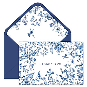 Whaline 24 Pack Flower Bird Thank You Cards Blue and White Floral Greeting Cards with Envelopes Stickers Blank Note Cards for Wedding Birthday Baby Shower Party Supplies, 4 x 6 Inch