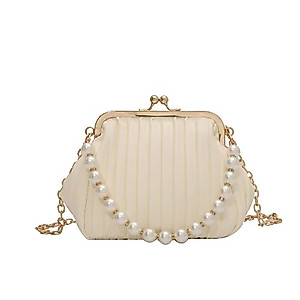Pearl Purse Bag Cute Bride Purse Bride Bag Bridal Wedding Bag Bridal Shower Bachelorette Pleated Clutch Crossbody Removable (Ivory/Cream/Offwhite)