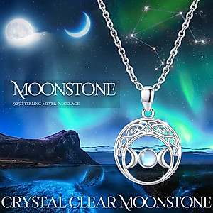 OHAYOO Triple Moon Goddess Necklace 925 Sterling Silver Celtic Moonstone Pendant Necklace Triple Moon Goddess Jewelry for Women