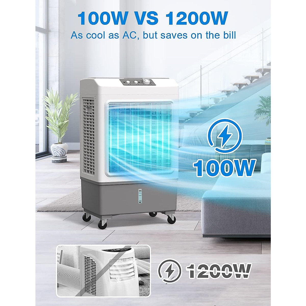 Evaporative Cooler - AOLOS Windowless Air Conditioner w/ 3 Speeds, Swamp Cooler for Cooling Up to 700 Sq.ft, 5 Gallon Tank & 4 Ice Packs, 60° Swing, Evaporative Air Cooler for Backyard Garage Outdoor