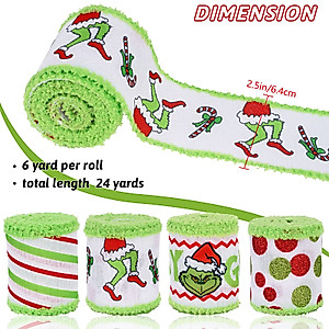 AnyDesign Christmas Wired Edge Ribbon Rolls 2.5 Inch 24 Yards Christmas Craft Fabric Ribbon Cartoon Character Stripe Dot Gift Wrapping Ribbon for Xmas Tree Wreath Bow DIY Craft Decoration, 4 Rolls
