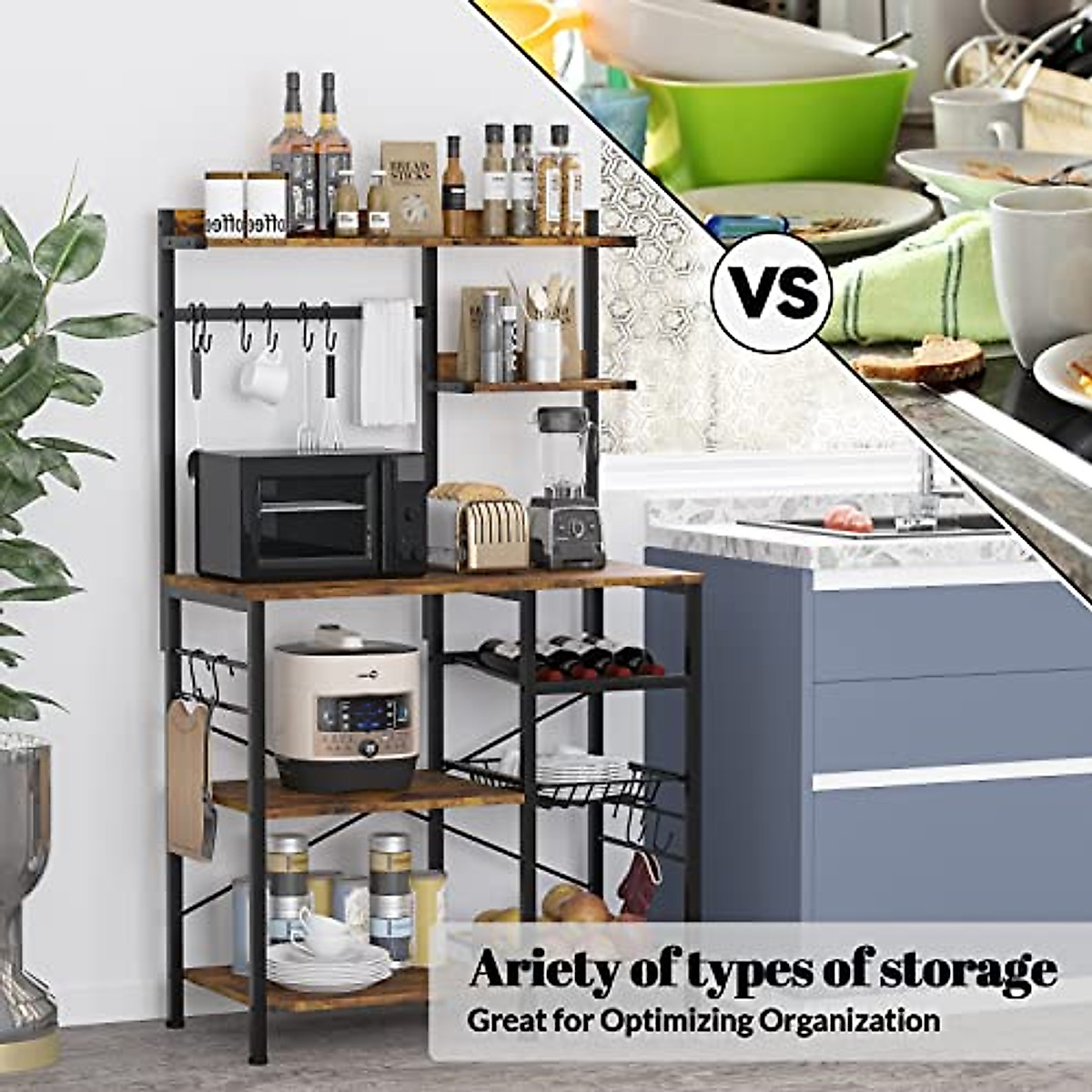 Kitchen Baker’s Rack with 2 Pull Out Wire Baskets, Microwave Stand with Storage Shelf & Wine Rack, 5-Tier Utility Coffee Bar Station with 10 Hooks for Spice Rack Organizer Workstation, Rustic Brown