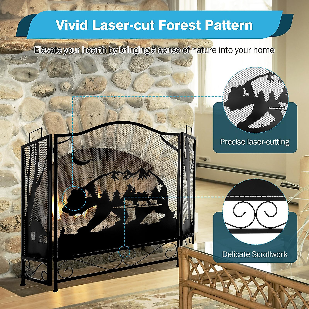 IRONWALLS 3-Panel Folding Fireplace Screens Decorative, 47.6” x 31.4” Metal Bear Fireplace Screens Fire Screen Gate Fence Spark Guard Kid Proof, Heavy Duty Fireplace Screen Black for Home Farmhouse