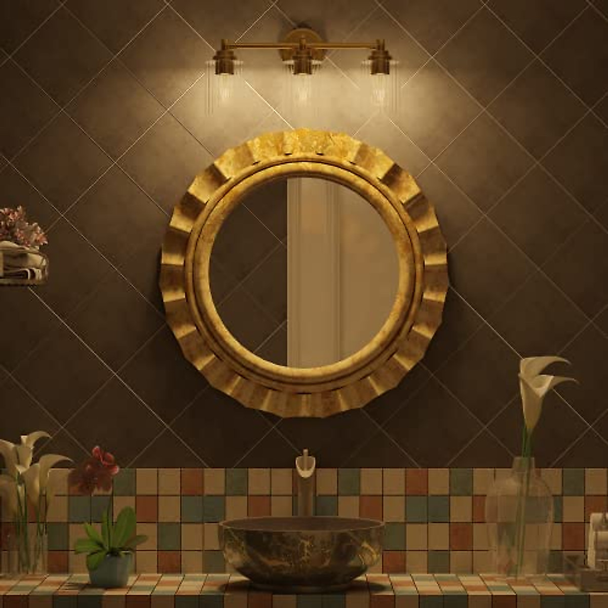 GETINLIGHT 20" Wide 3-Light Gold Bathroom Vanity Light with Clear Ribbed Glass Shade, Bulb Not Included, IN-0444-3-GD