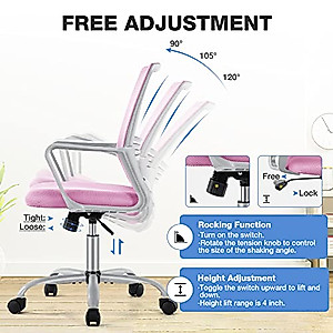 Mesh Modern Office Desk Chair, Mid Back Lumbar Support Padded Seat and Armrest Computer Chair, Adjustable Height Ergonomic Home 360 Degree Swivel Rolling Rocking Mode Breathable Executive Chair, Pink