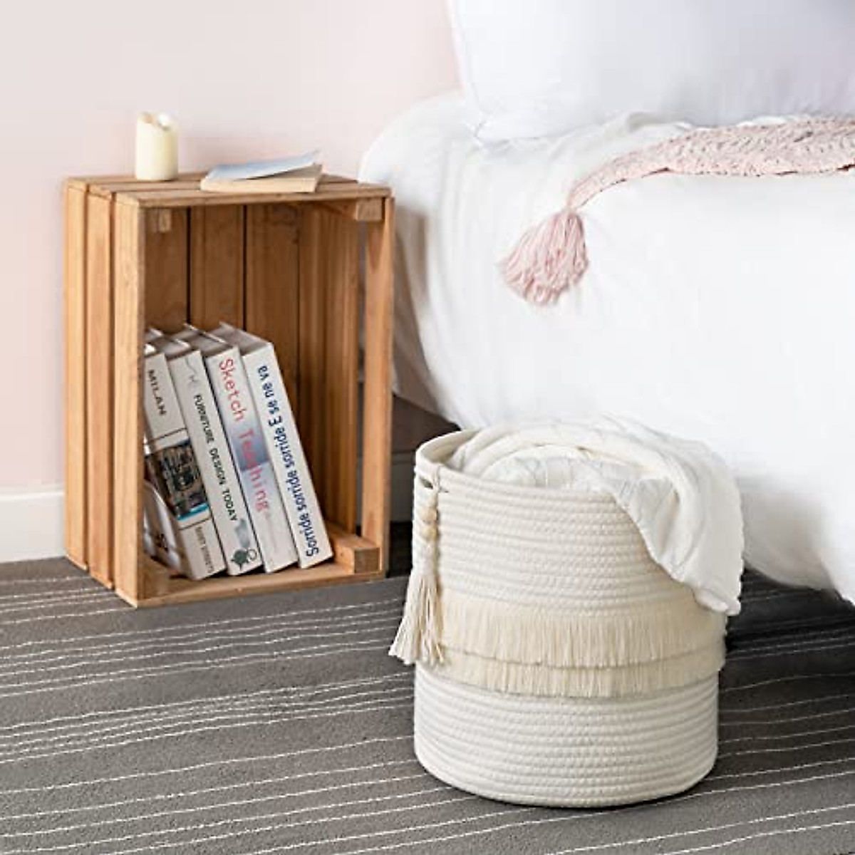 Dahey Macrame Decorative Cotton Rope Storage Basket Boho Nursery Decor Small Cute Woven Tassel Storage Bins Organizer with Wooden Bead for Baby Toys,blanket, Magazines, Living Room,Bedroom, 11"x11"