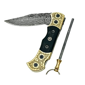Damascus Steel Blade Folding Pocket Hunting Lock Knife With Real Leather Sheath For Camping Fishing Outdoor. SM106
