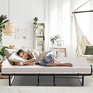 RELAX4LIFE Folding Bed with Mattress, Foldable Guest Temporary Bed with 360°Swivel Wheels & Pull Handle, Memory Foam Mattress & Metal Frame, Portable Space-Saving Rollaway Bed, Made in Italy