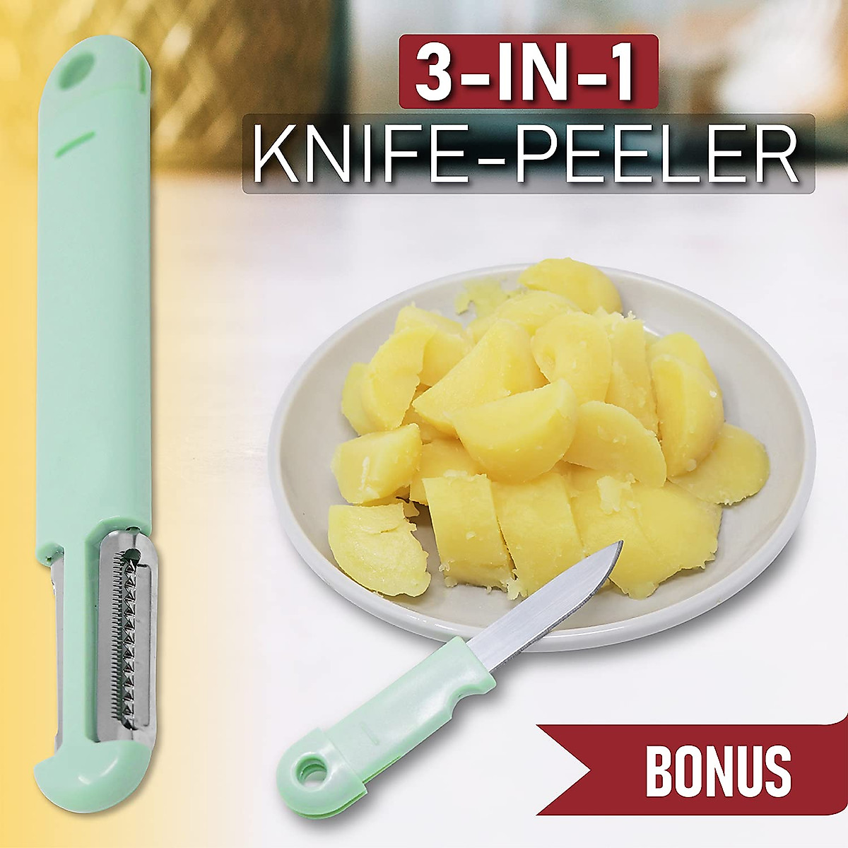 Cook Army Potato Ricer Stainless Steel Professional – 15 Oz Ricer Kitchen Tool With 3 Interchangeable Discs & Non Slip Handle – Mashed Potatoes Ricer & 3 in 1 Veggie Potato Peeler Knife Gadget