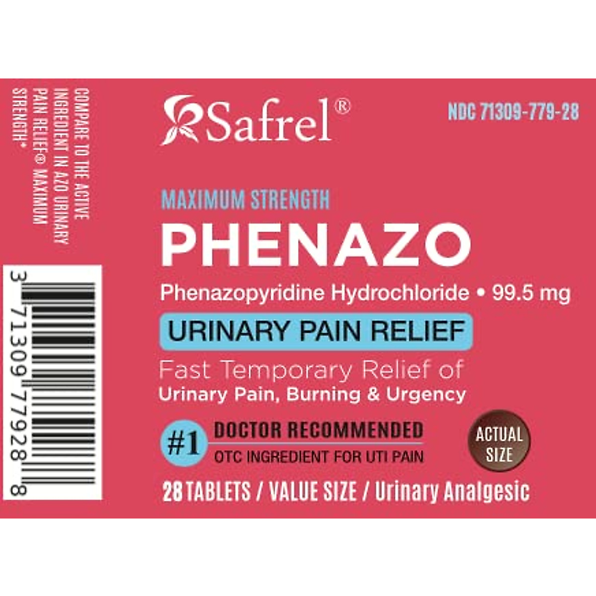 Safrel Urinary Pain Relief | UTI Relief | Fast Acting | Bladder Discomfort & Pain Relief | Phenazopyridine Hydrochloride 99.5mg (28 Count (Pack of 1))