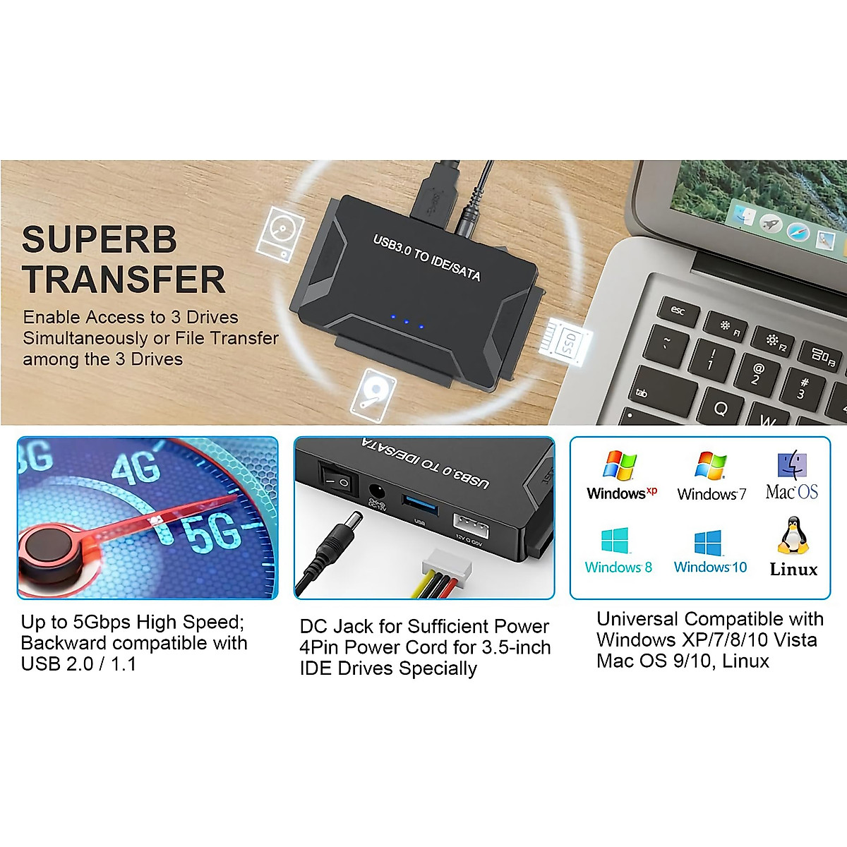 EYOOLD USB 3.0 to SATA IDE Adapter, Hard Drive Reader External Ultra Recovery Converter Compatible with 2.5" 3.5" HDD, SSD,5.25-inch DVD/CD-ROM Optical Drive Data Transfer with Power Supply