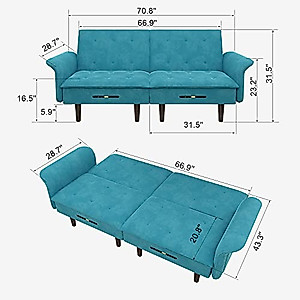 Charging Futon Sofa Bed, Velvet Convertible Sleeper Sofa Tufted Upholstered Couch with Adjustable Backrest & Armrest, Modern Accent Loveseat USB Chargeable Couch Bed for Home Living Room (Blue)