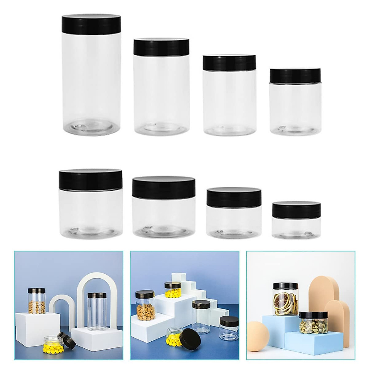 DITUDO 8pcs Assorted Juicing Clear Fruit Jars Ml+ Container Cereal Lip Sample Home Food Wild- Powder Balm Eye Canisters Storage Tea Cylinders Mouth Face Transparent Lids Cosmetics Shadow