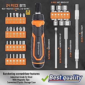 Amartisan Magnetic Ratchet Screwdriver Set, 34-Piece Multi-bit Ratchet Screw Drivers, Slotted/Philips/Pozi/Torx/Hex