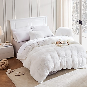 EHEYCIGA Faux Fur Duvet Cover, Ultra Soft Shaggy Fluffy Comforter Cover with Luxury Velvet on Reverse Zipper Closure 1PC (1 Duvet Cover, White, King)