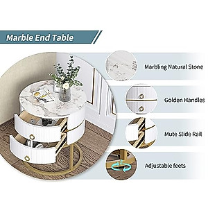 O&K FURNITURE Marble End Table with Storage, Round Nightstand with Drawer, White and Gold Side Table Metal Legs for Bedroom Living Room, Bedside Table Furniture, Marbling Natural Stone