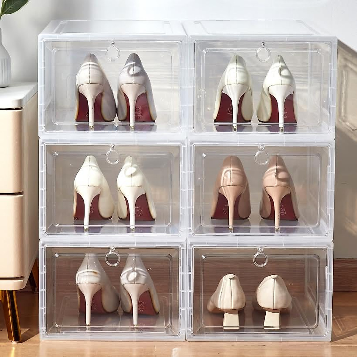 ANIMEWRLDS 6-Pack Clear Shoe Box Containers with Air Ventilation & Magnetic Door | Stackable, Durable, Transparent Storage for Sneakers, Heels, Boots, Bags & Fits up to Maximum Size of US12 (White)