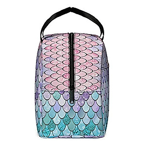 Lunch Bag, Cute Kids Reusable Cooler Lunch Tote Bag Insulated Leakproof Lunch Box Container with Front Pocket for Girls Boys School Work Picnic (Pink Meraid Scale)