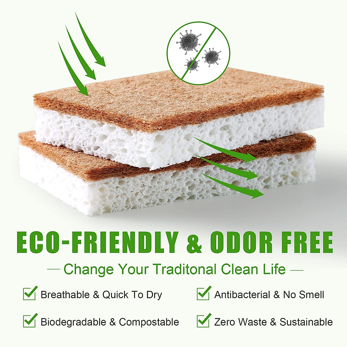 PANYEE Biodegradable Natural Kitchen Sponge，Eco Friendly Sponges for Dishes,Compostable Cellulose Sponge with Natural Plant Based Coconut Walnut Sustainable Scrubber Sponge Pack of 12